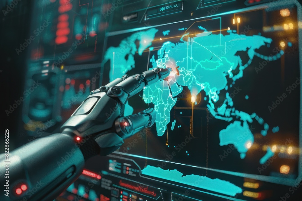 Robot hand interacting with holographic world map on futuristic digital ...
