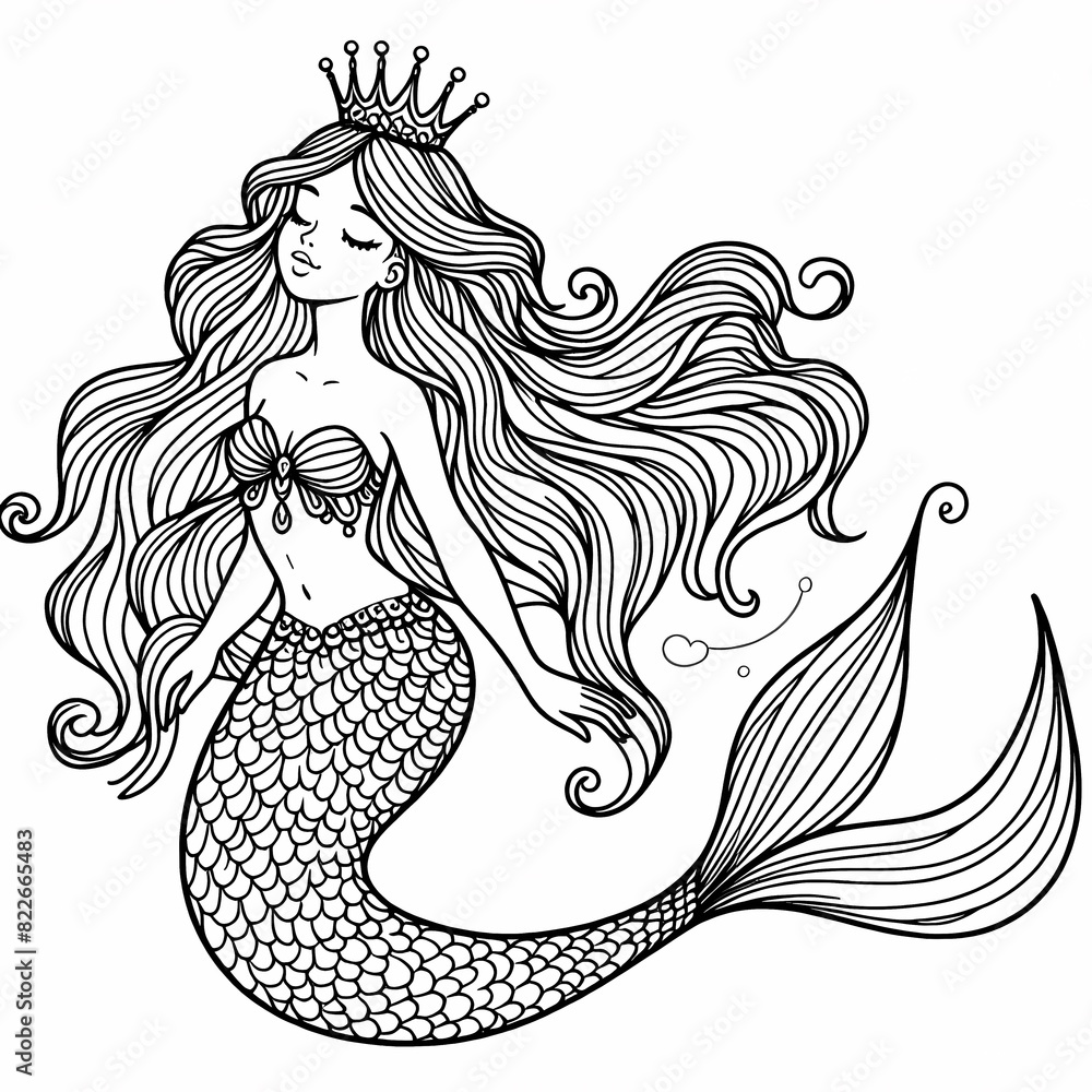 Beautiful Mermaid Coloring Page for Kids Stock Illustration | Adobe Stock