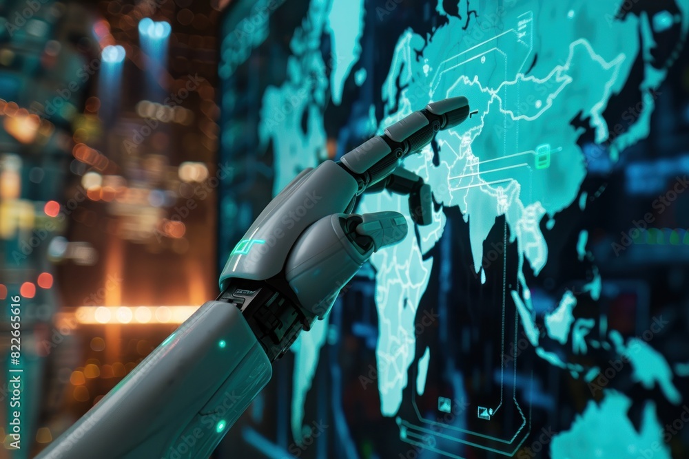 Robot hand interacting with holographic world map on futuristic digital ...