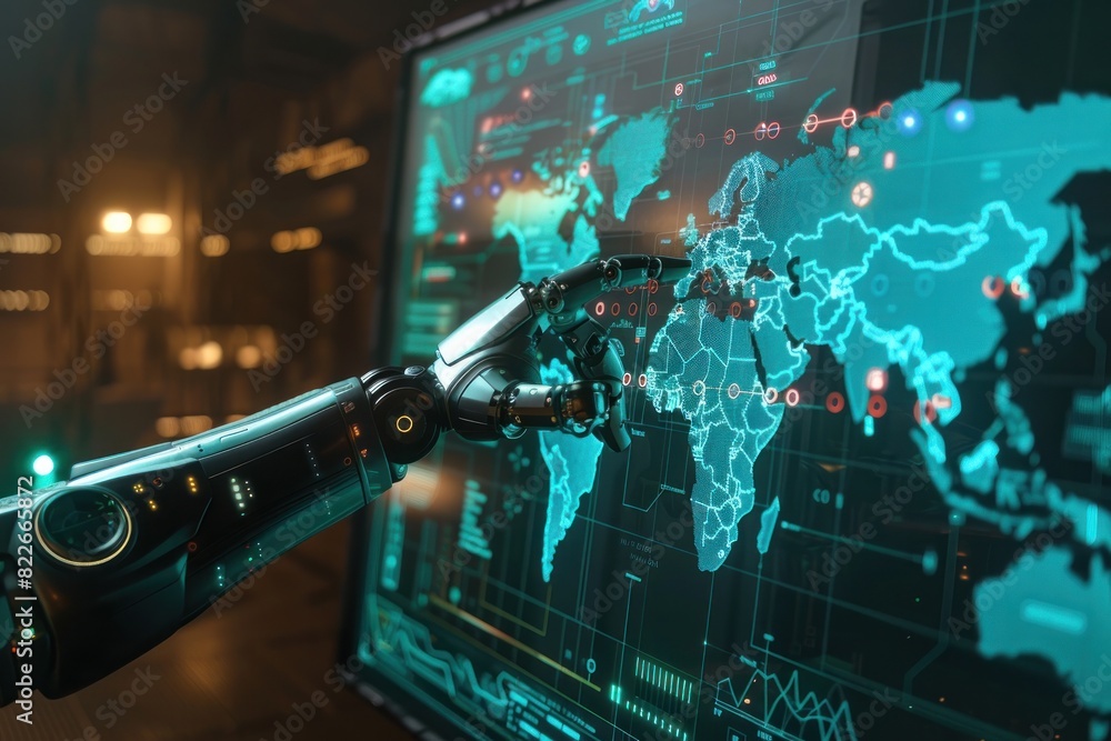 Robot hand interacting with holographic world map on futuristic digital ...