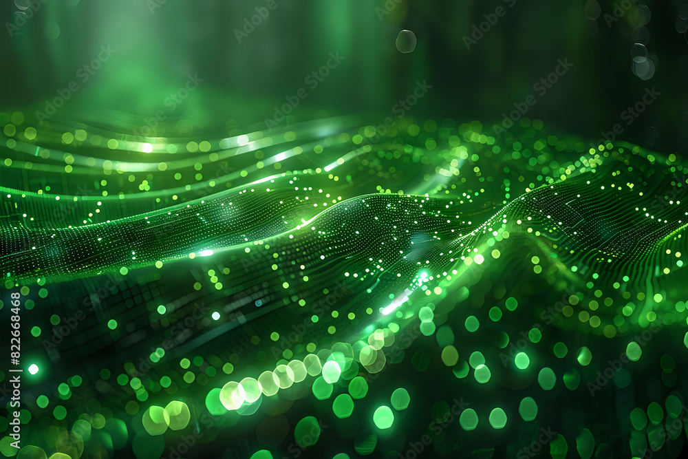 Abstract green light waves and particles forming a dynamic and ...