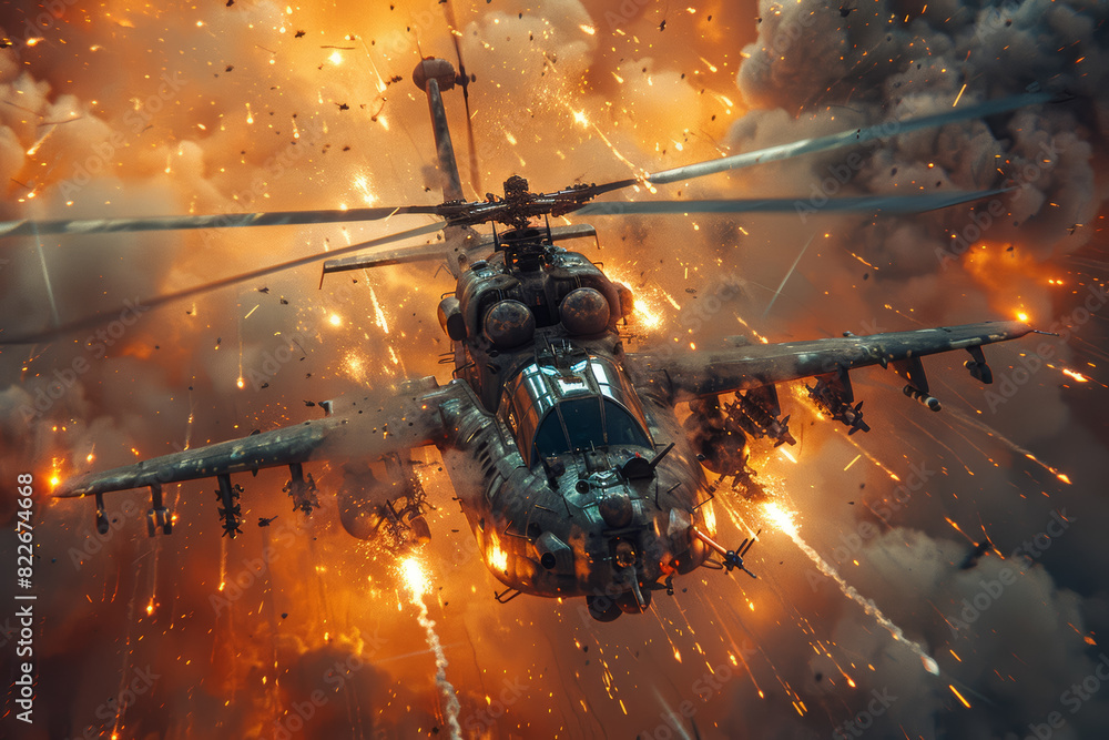 Close air support gunship circling above the battlefield, raining down ...