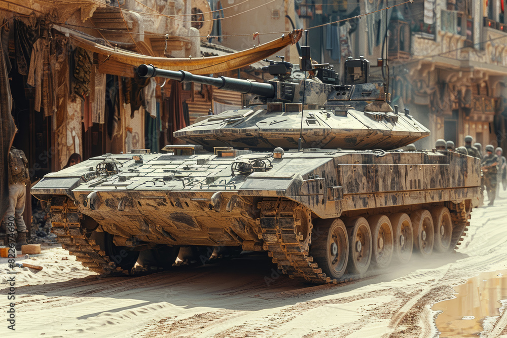 Armored personnel carrier transporting troops through hostile territory ...