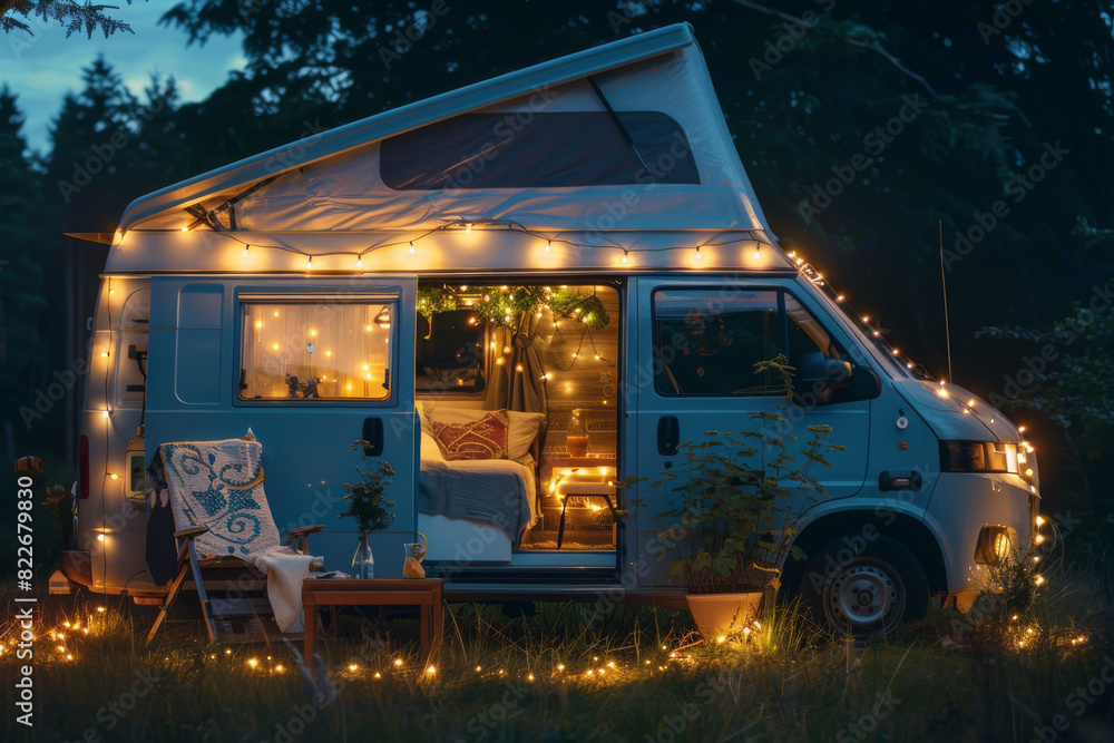 Camper van lit by fairy lights stands under a night sky, equipped with ...