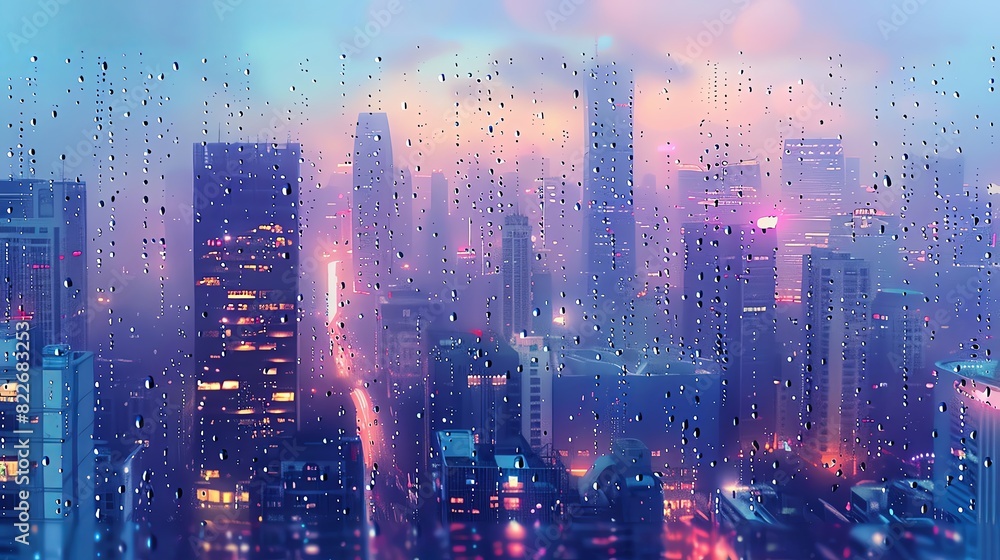 Abstract cityscape background with raindrops on window, night view of ...