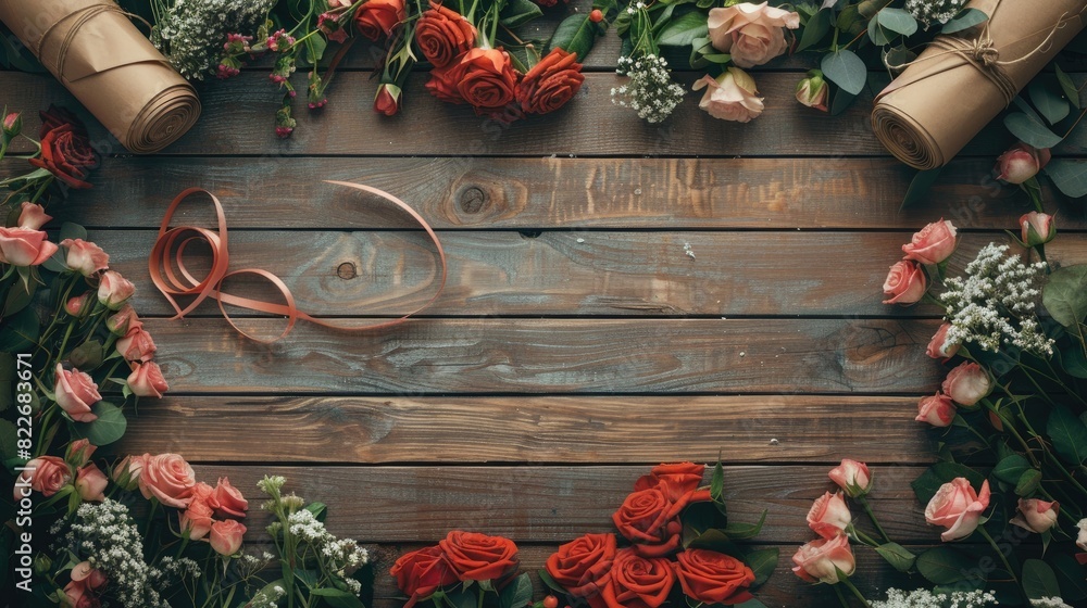 Wooden table with floral border and pink ribbon. The frame is empty ...