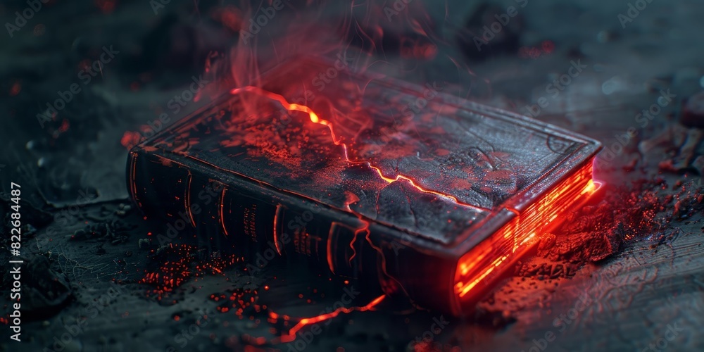 Fantasy ancient leather book with glowing fiery red pages. Medieval ...