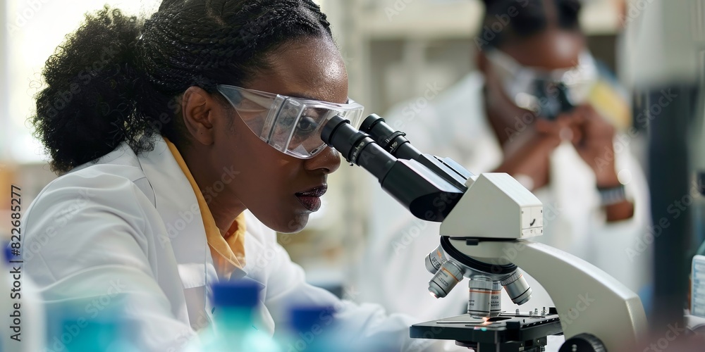 Black female scientist looking through microscope while working in ...