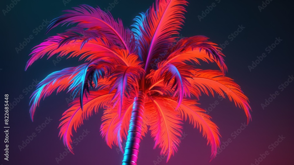 Neon palm tree silhouette on a dark background. A picture of glowing ...