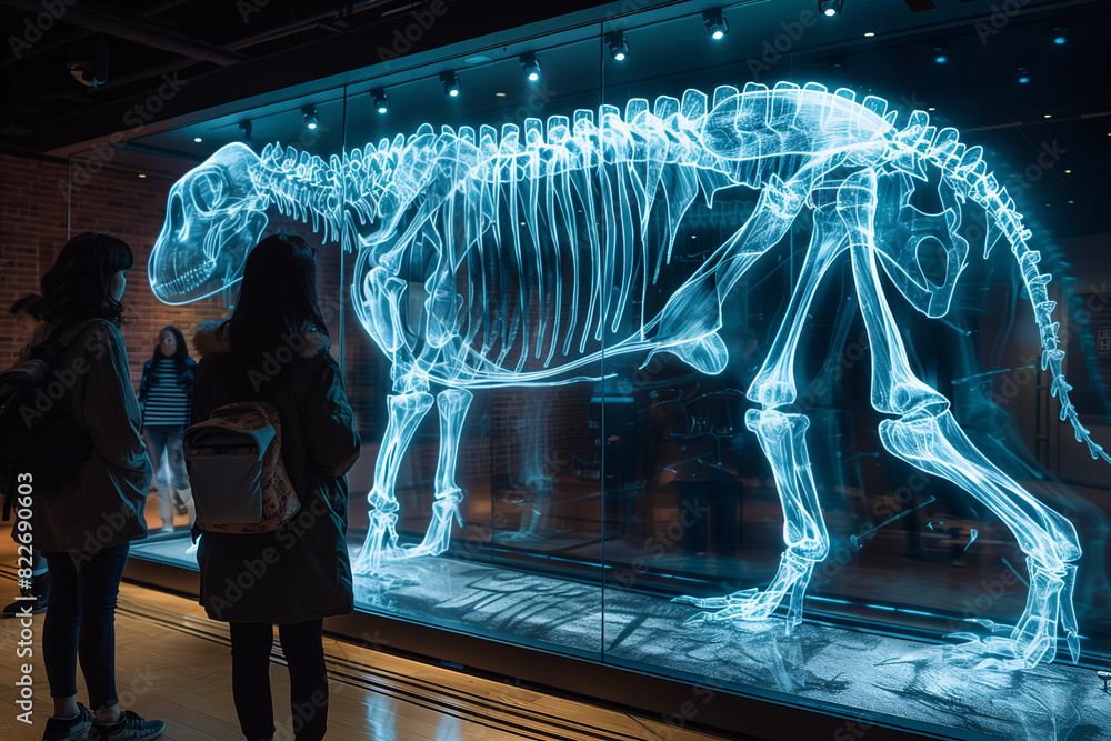 A high-tech exhibit in the Future Animal Museum showcasing holographic ...