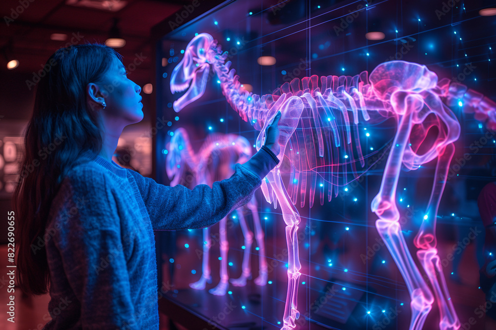 A high-tech exhibit in the Future Animal Museum showcasing holographic ...