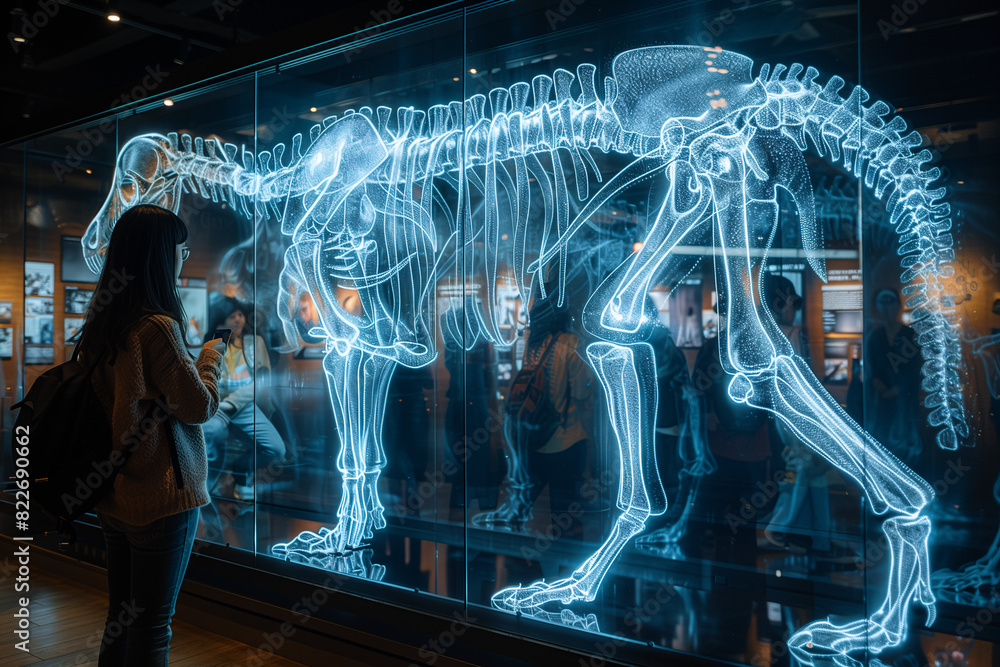 A high-tech exhibit in the Future Animal Museum showcasing holographic ...