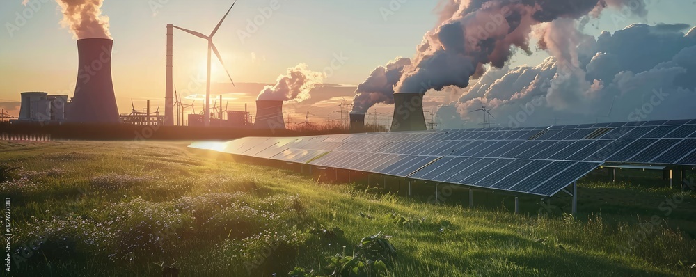 Modern energy landscape with solar panels, wind turbines, and ...