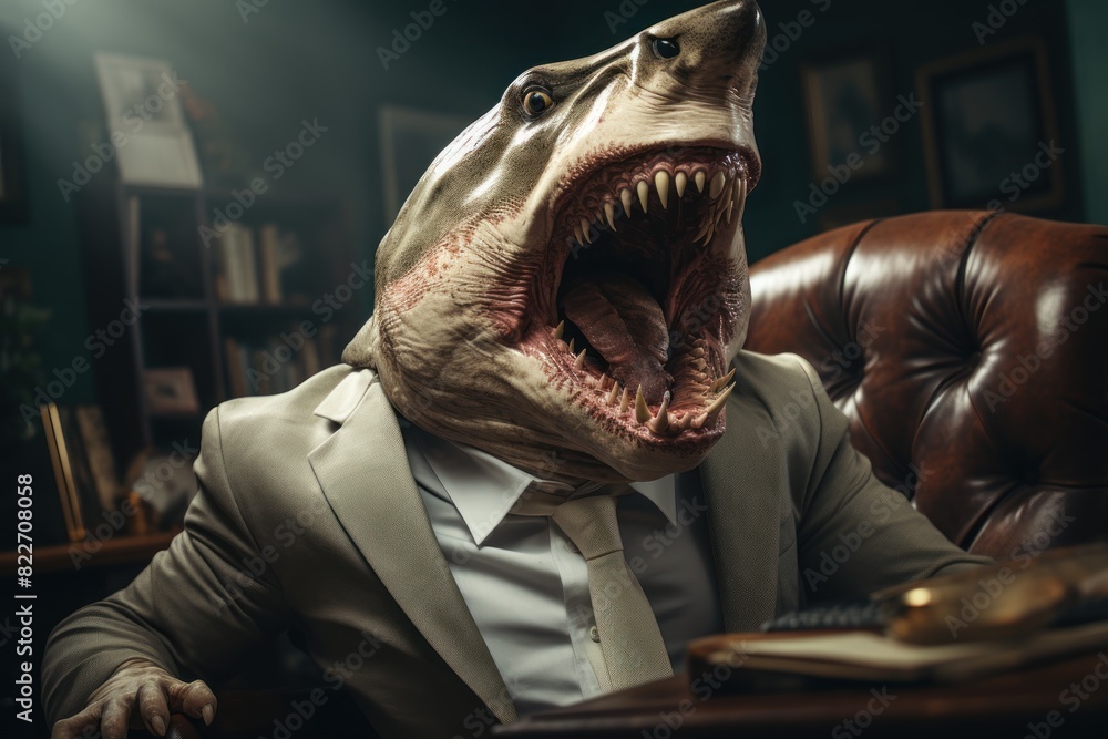 Shark head businessman sitting in his office screaming angry. Business ...