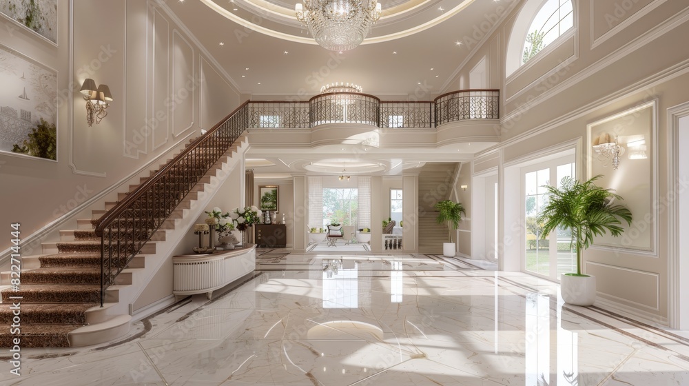 3D render ofA home with a driveway and a grand staircase with high ...