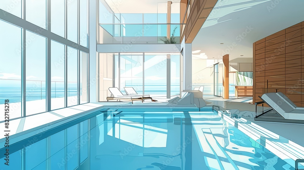 Anime/Manga of A beach house with floor-to-ceiling windows and a spa ...
