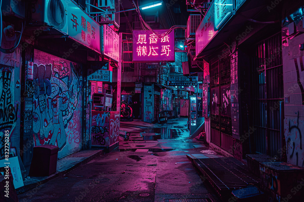 Cyberpunk alleyway with graffiti neon signs and shadow Stock Photo ...