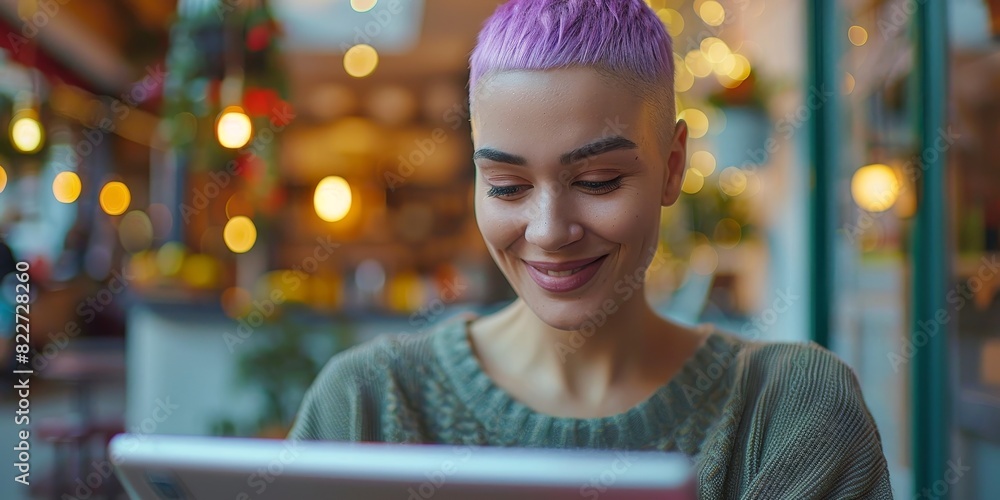 Foto de Smiling mixed race lesbian woman with purple buzzcut hairstyle ...