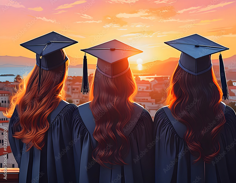 A panoramic illustration of student silhouettes wearing graduation caps ...