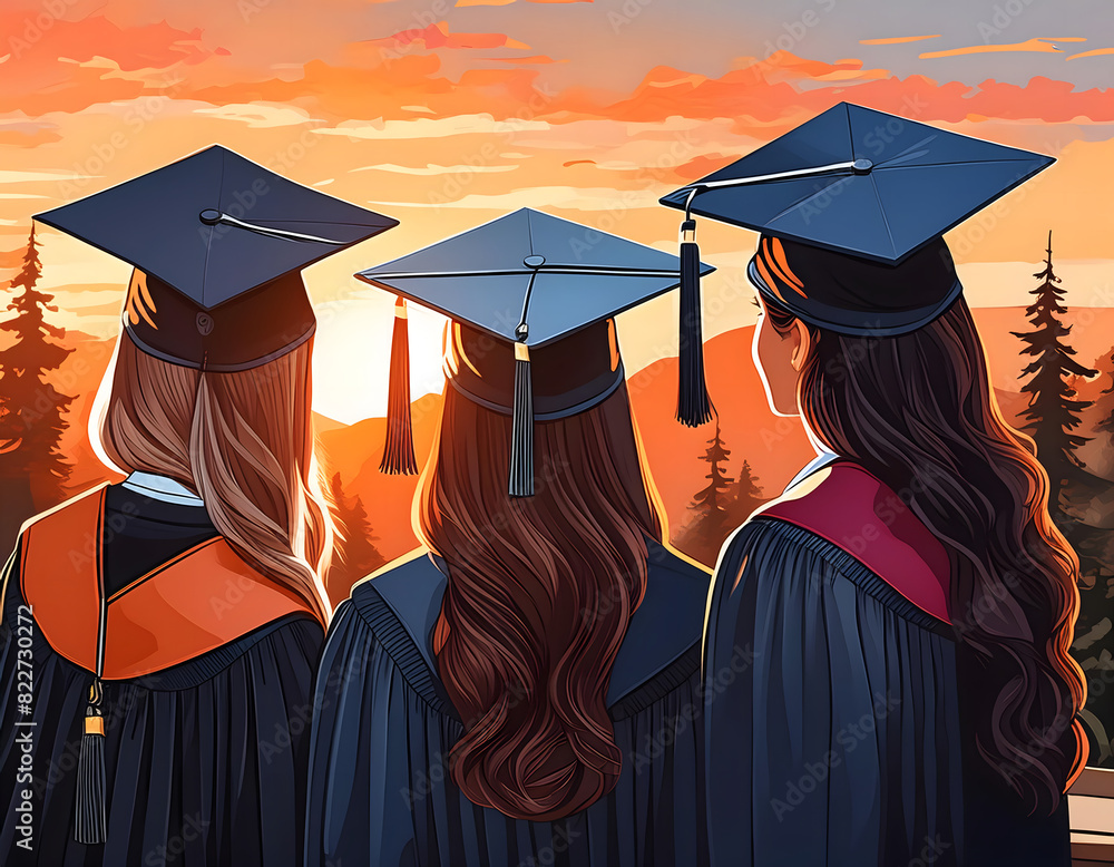 A panoramic illustration of student silhouettes wearing graduation caps ...