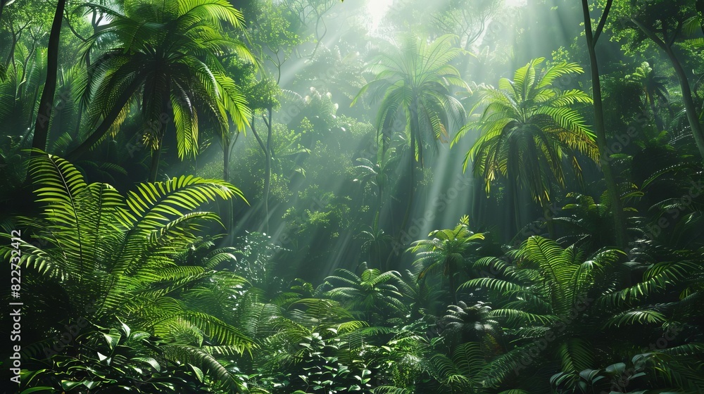 A dense jungle scene from the Mesozoic era with towering ferns and ...