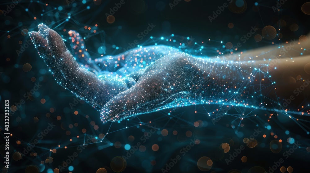 Abstract hand holding digital programming code symbol in futuristic ...