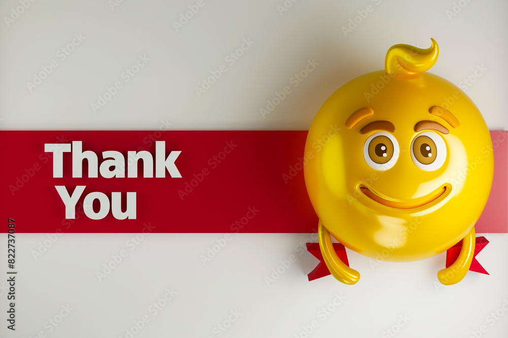 Yellow emoji, 3D, grateful look, "Thank You" in white on red banner ...