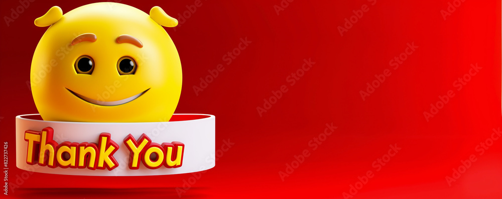 Yellow grateful emoji, 3D effect, underlined by "Thank You" on a red ...