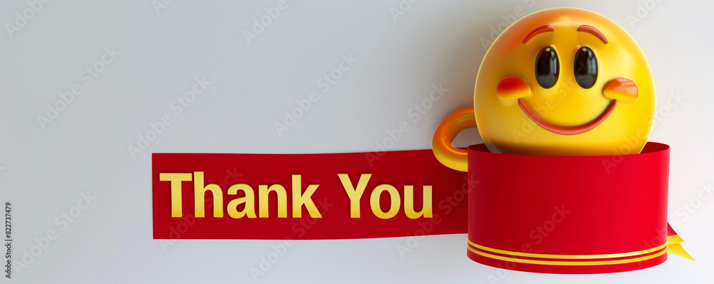 Yellow grateful emoji, 3D, "Thank You" on a red banner, minimalist ...