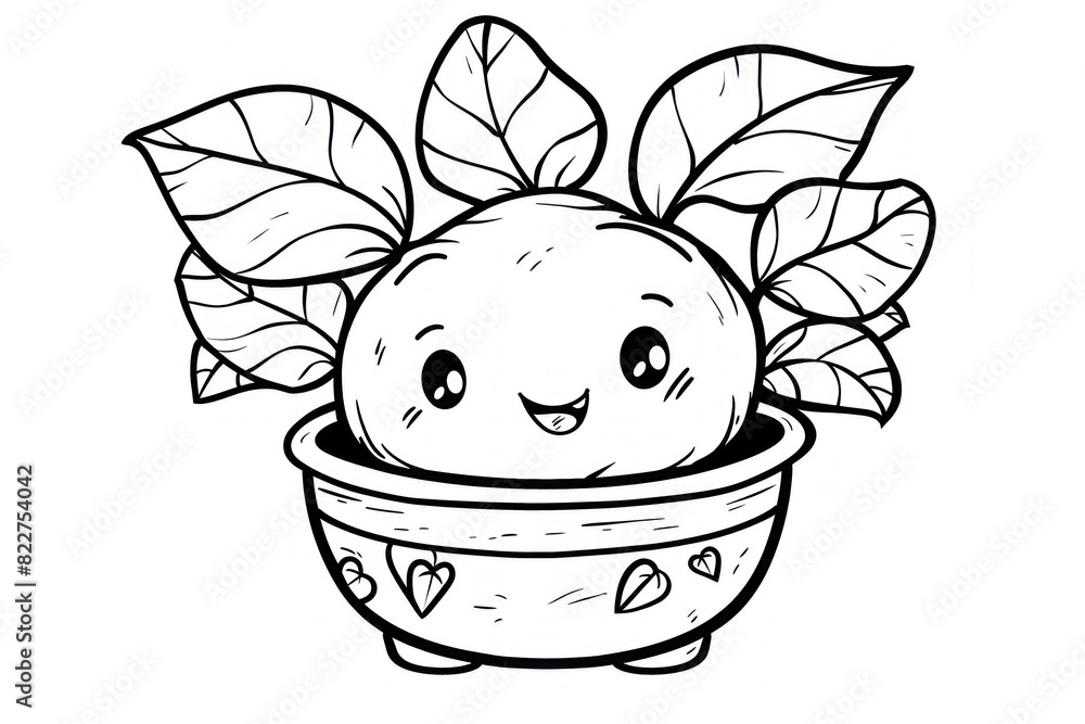 cute cartoon potted plant with big leaves in black and white chibi ...