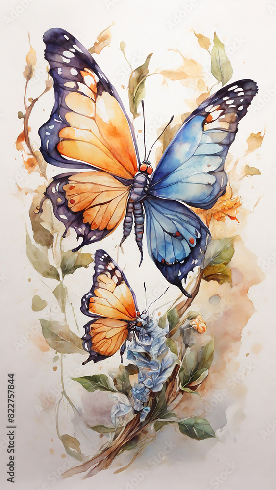 Watercolor painting: A caterpillar transforming into a butterfly, its ...