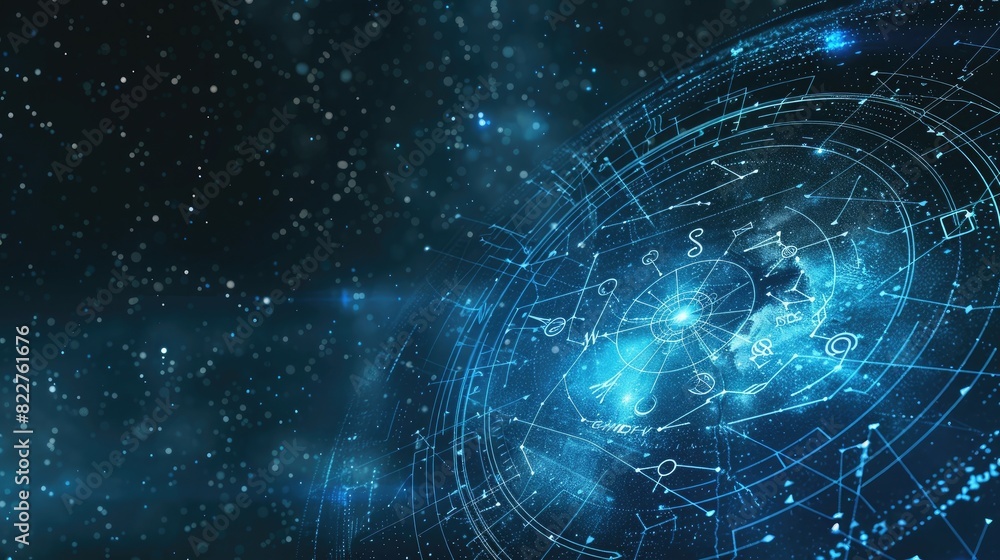 Abstract futuristic star map with zodiac signs and circle in space on ...