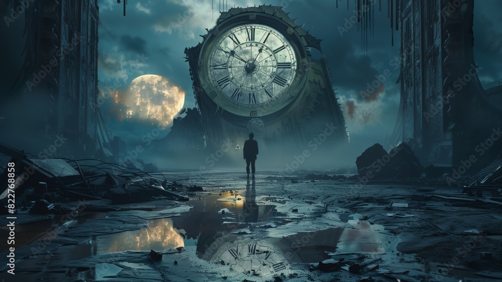 old wall clock, a surreal and atmospheric scene with a colossal clock ...