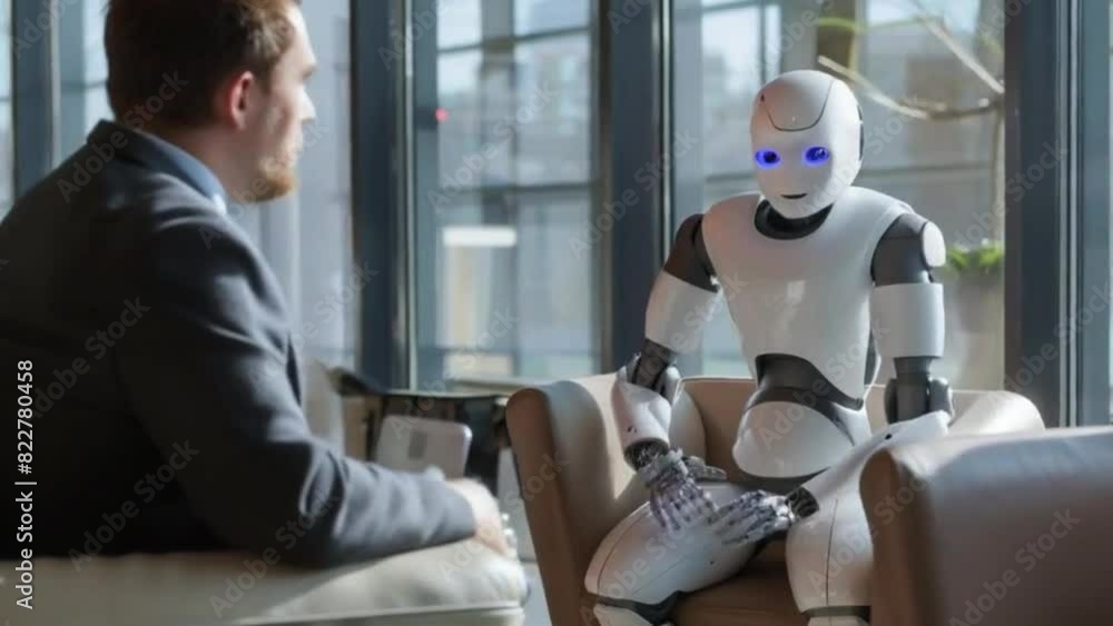 Vidéo Stock Humanoid robot competes with humans in a job interview ...
