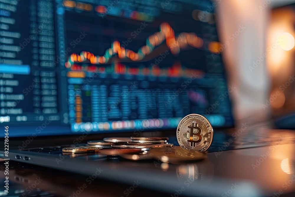 A coin sits on a laptop screen with a bunch of other coins. The coins ...