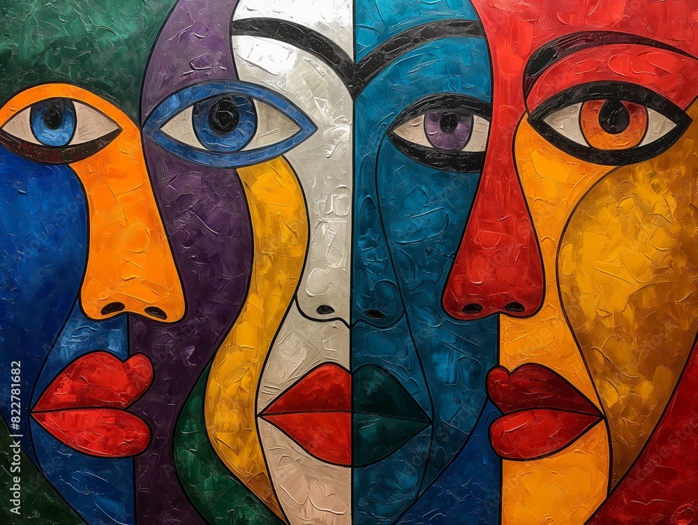 A painting of three faces with different colors and features. The ...