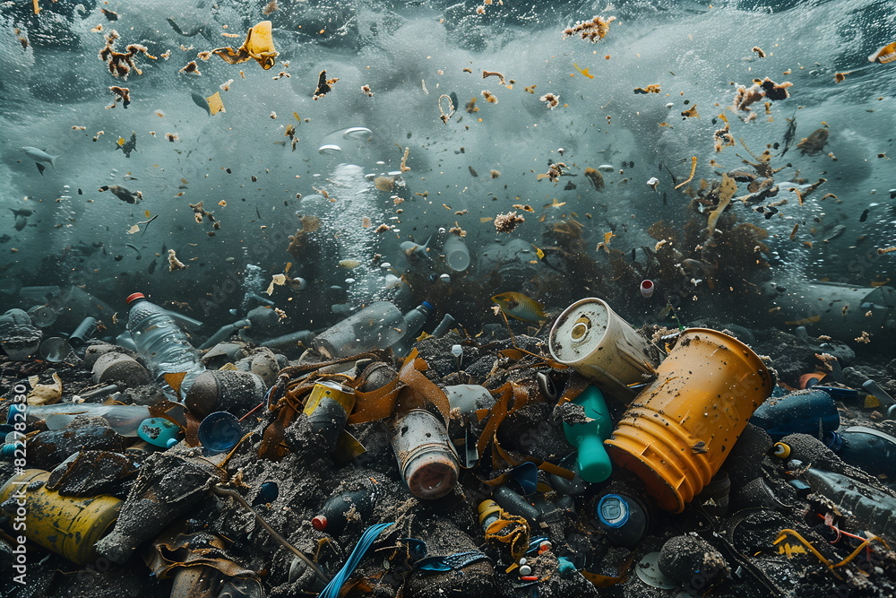 Garbage dump on seabed. Various plastic and inorganic waste completely ...
