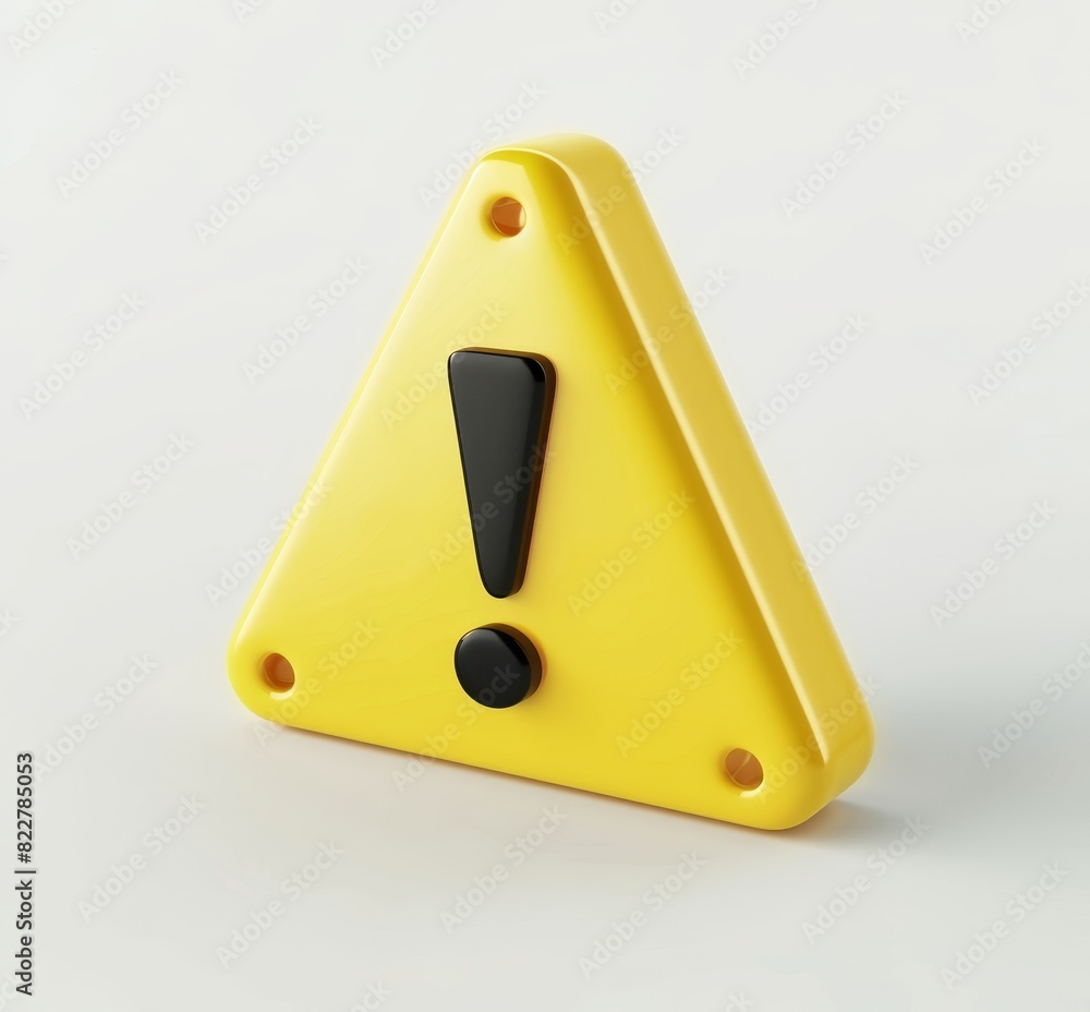 3D rendering of simple icon, yellow triangle with black exclamation ...