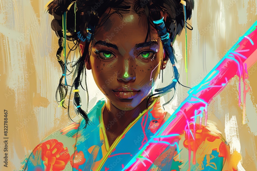 Kenyan Kalista: African Girl in Kimono with Neon Scythe Detailed ...