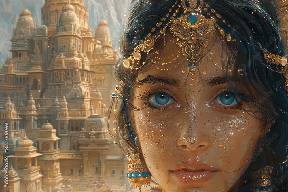 Anime Girl with Blue Eyes Admiring Ancient Temple: Digital Art with ...