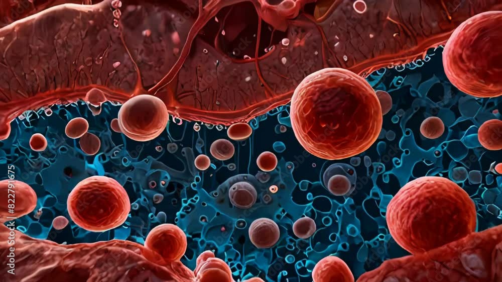 Detailed medical illustration depicting red and white blood cells ...