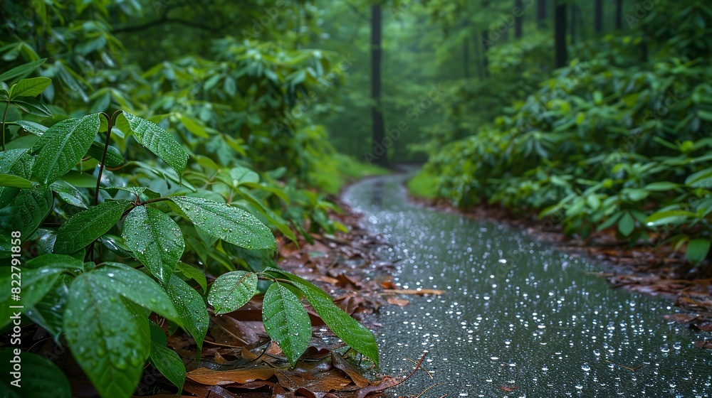 Rain-soaked forest path, with glistening leaves and fresh rain droplets ...