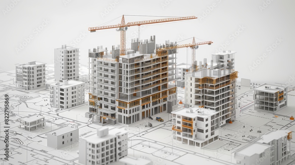 Several under construction buildings with a crane on top, creating a ...