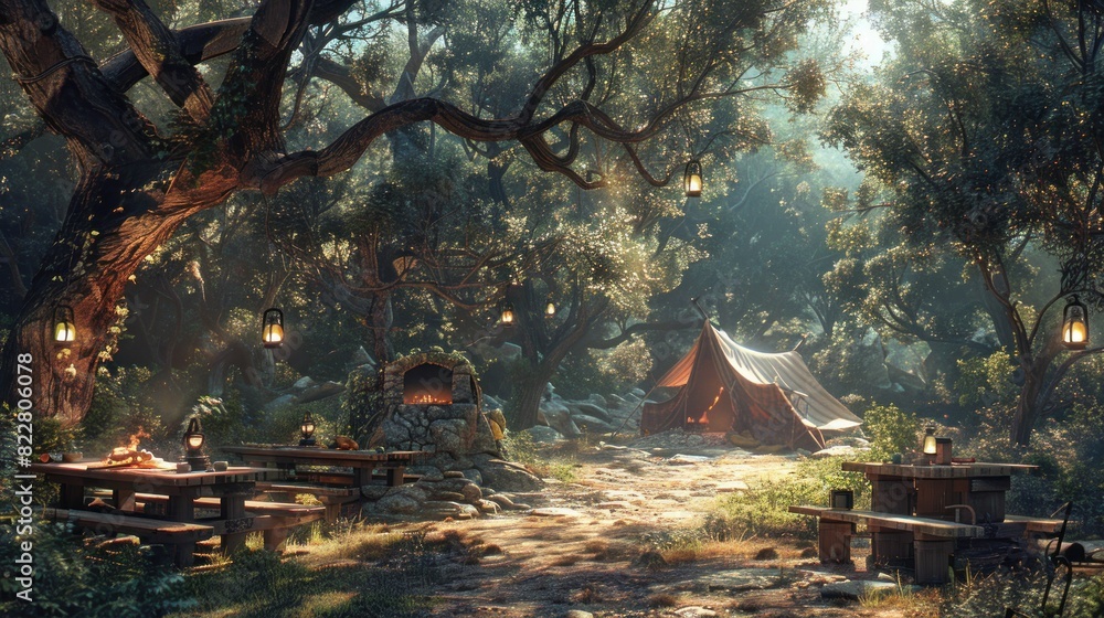 A rustic campsite in a dense forest features campers gathered around a ...