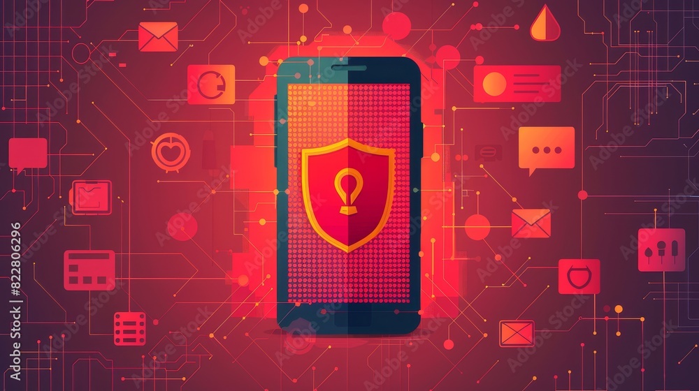 Vector flat illustration of mobile security concept and an exclamation mark, shield icon, popup ...