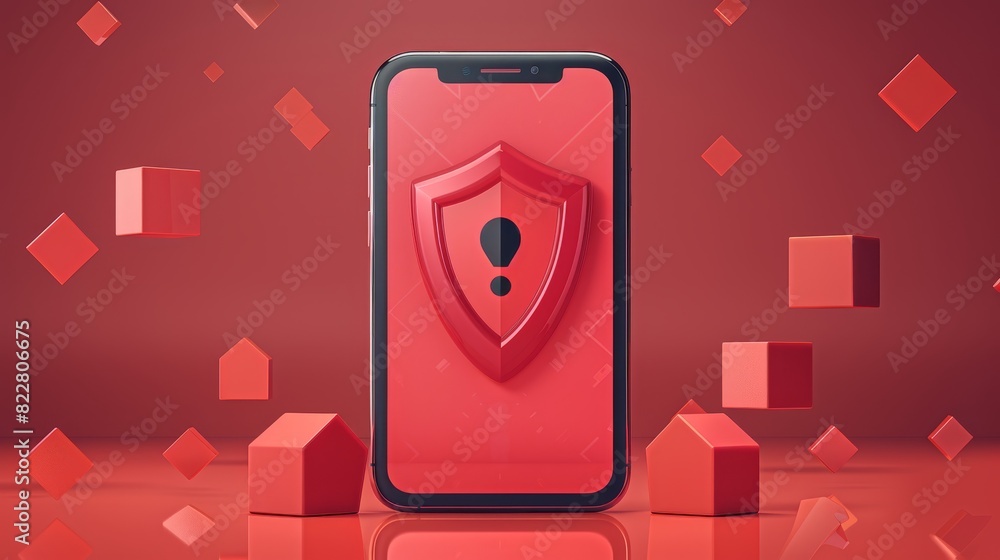 Vector flat illustration of mobile security concept and an exclamation mark, shield icon, popup ...