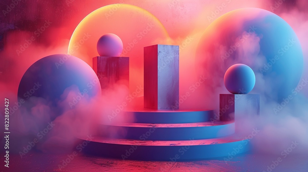 Floating 3D geometric shapes in a gradient background with a central ...