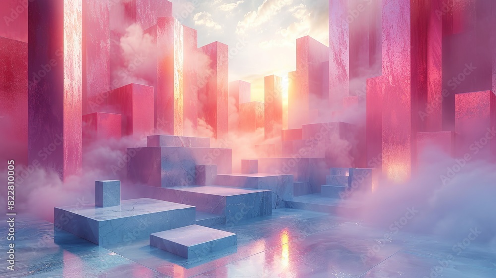 Triangular prisms and rectangular blocks arranged in an artistic stage ...