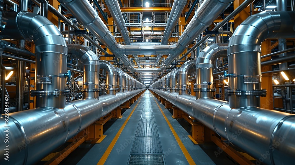 Industrial Background, Interior of a factory with a maze of stainless ...