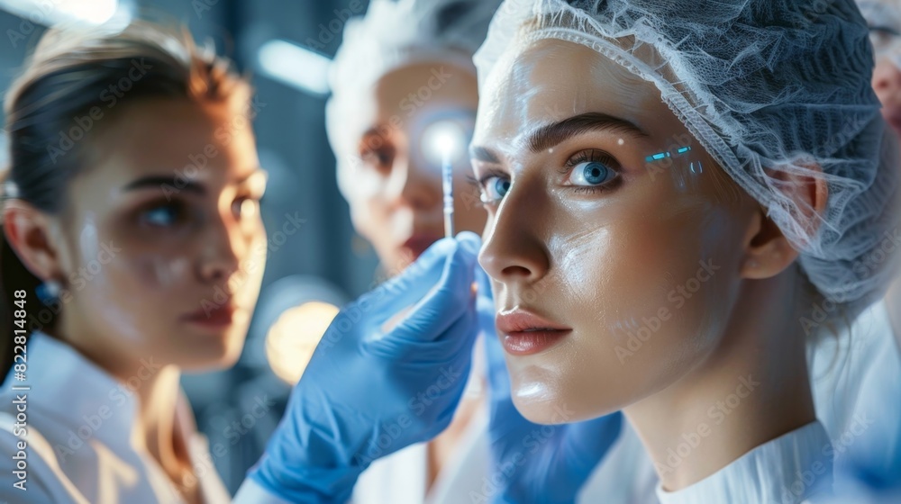 A team of scientists and beauty experts examining a 3D printed ...